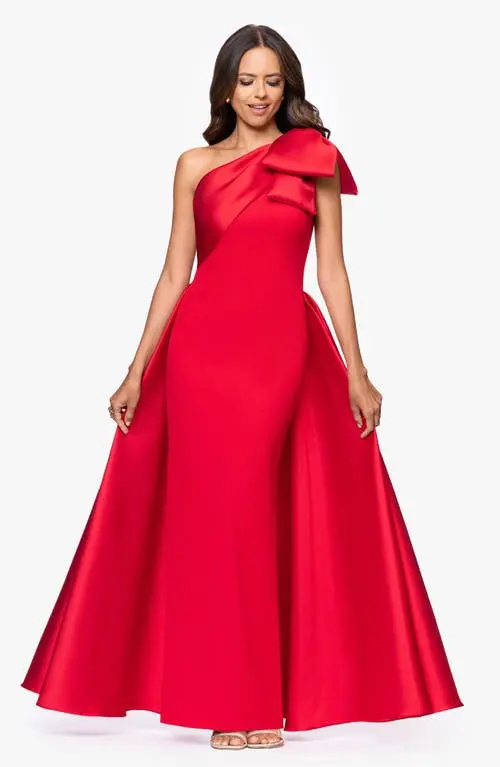 Betsy & Adam Bow One-shoulder Mikado Gown - Red