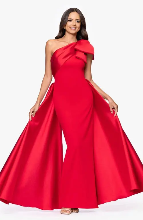 Betsy & Adam Bow One-shoulder Mikado Gown - Red