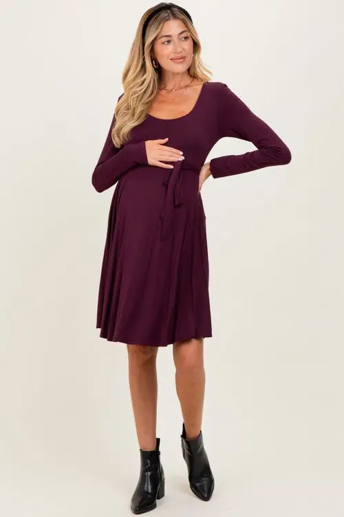 PINKBLUSH Scoop Neck Long Sleeve Waist Tie Maternity Dress