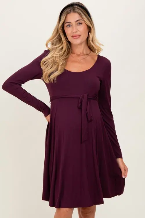 PINKBLUSH Scoop Neck Long Sleeve Waist Tie Maternity Dress
