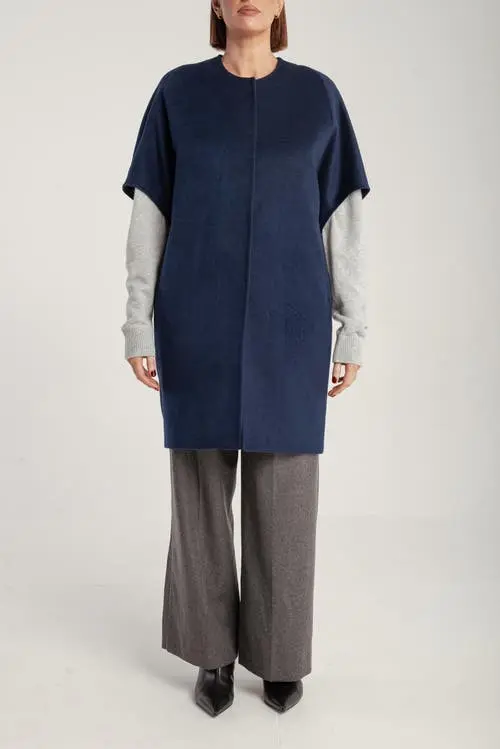 1982 Cashmere Cape Coat With Crew Neck - Navy