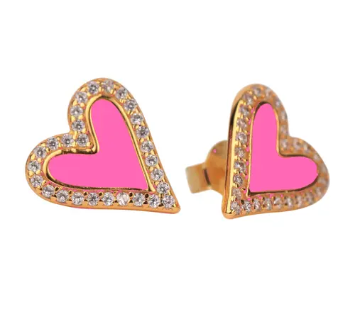 COLOR SHOUT Enamel Heart Stud Earrings - Hot Pink