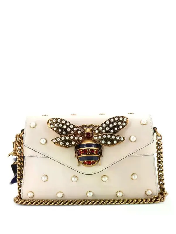 Gucci Broadway Pearly Bee Embellished Mini Shoulder Bag - White