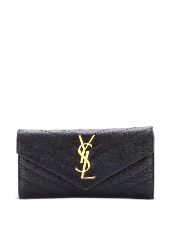 Saint Laurent Classic Monogram Flap Wallet Matelasse Chevron Leather Large Small Wallets - Black