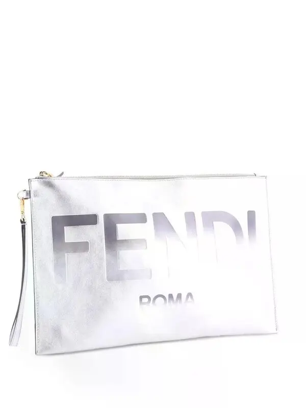 Fendi Logo Embossed Wristlet Pouch Large Clutch Bag - Silver
