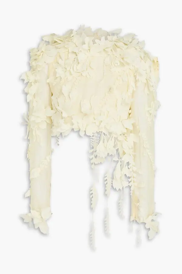 Zimmermann Cropped Floral-appliquéd Linen And Silk-blend Top - Pastel Yellow