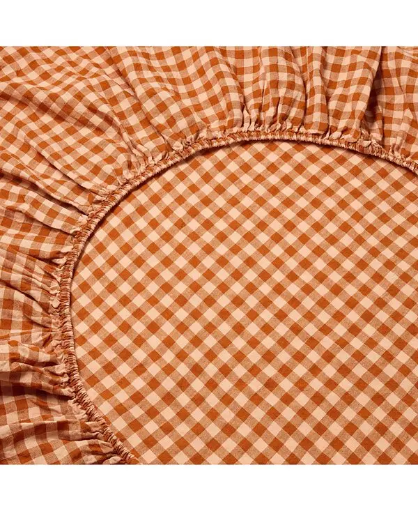 PIGLET IN BED Colour Drenched Gingham Linen Fitted Sheet, Queen - Cinnamon/peach