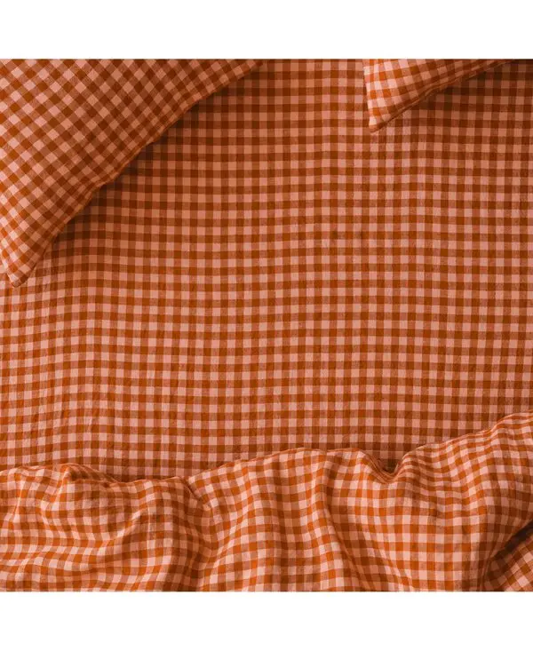 PIGLET IN BED Colour Drenched Gingham Linen Fitted Sheet, Queen - Cinnamon/peach