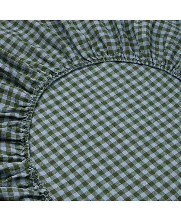 PIGLET IN BED Colour Drenched Gingham Linen Fitted Sheet, Full - Fern Green/dusk Blue