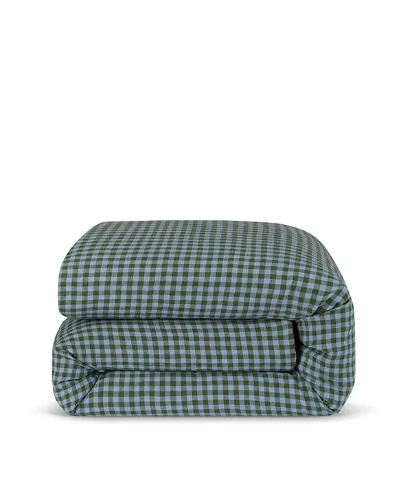 PIGLET IN BED Colour Drenched Gingham Linen Blend Duvet Cover, King - Fern Green/dusk Blue
