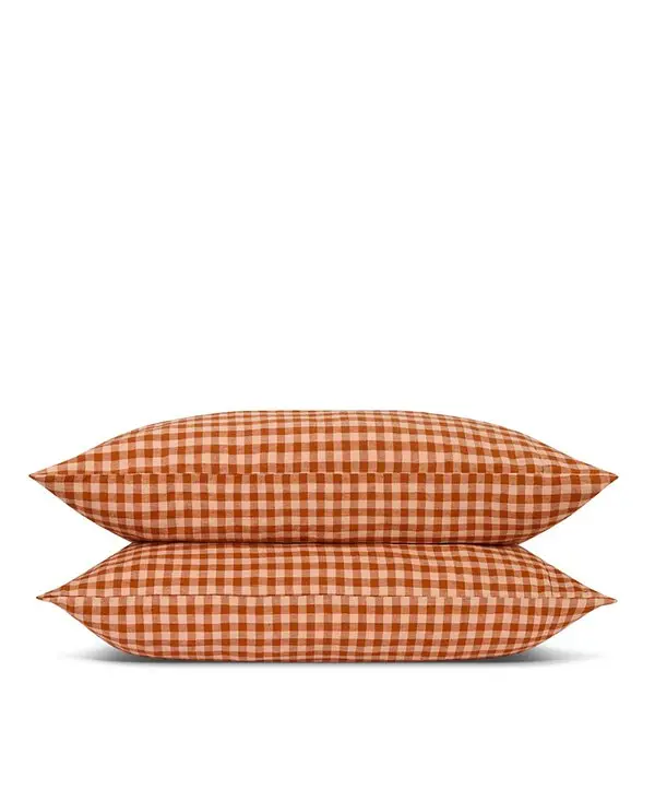 PIGLET IN BED Colour Drenched Gingham Linen Blend Pillowcase Pair, King - Cinnamon/peach