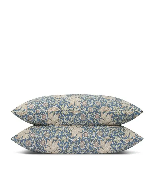 PIGLET IN BED Morris & Co Double Bough Linen Blend Pillowcase Pair, Standard - Webbs Blue/parchment