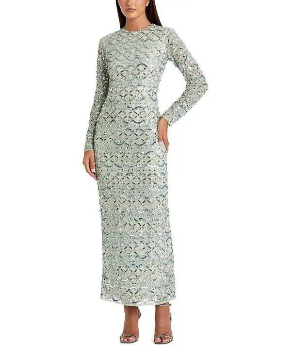 Mac Duggal Geometric Embellished Long Sleeve Gown