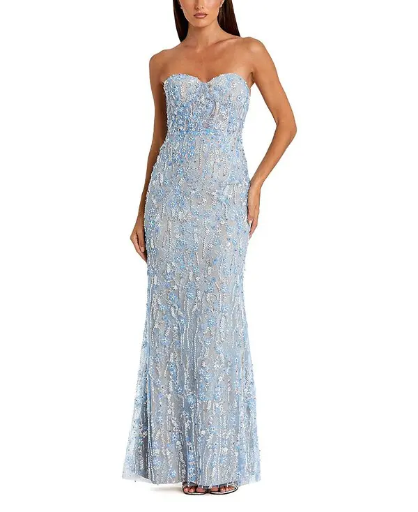 Mac Duggal Embellished Applique Strapless Bustier Gown - Blue