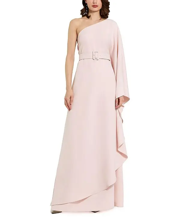 Mac Duggal Crepe One-sleeve Belted Kaftan Dress