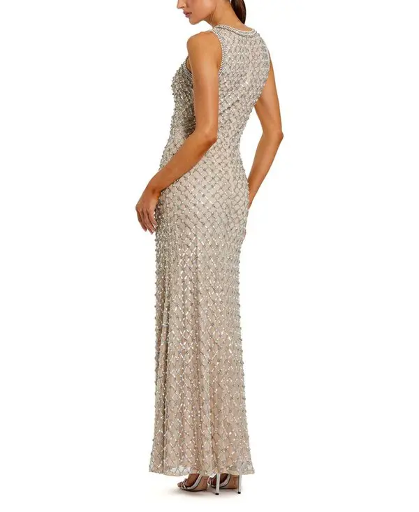 Mac Duggal Sequin Mesh High Neck Column Gown - Silver Nude