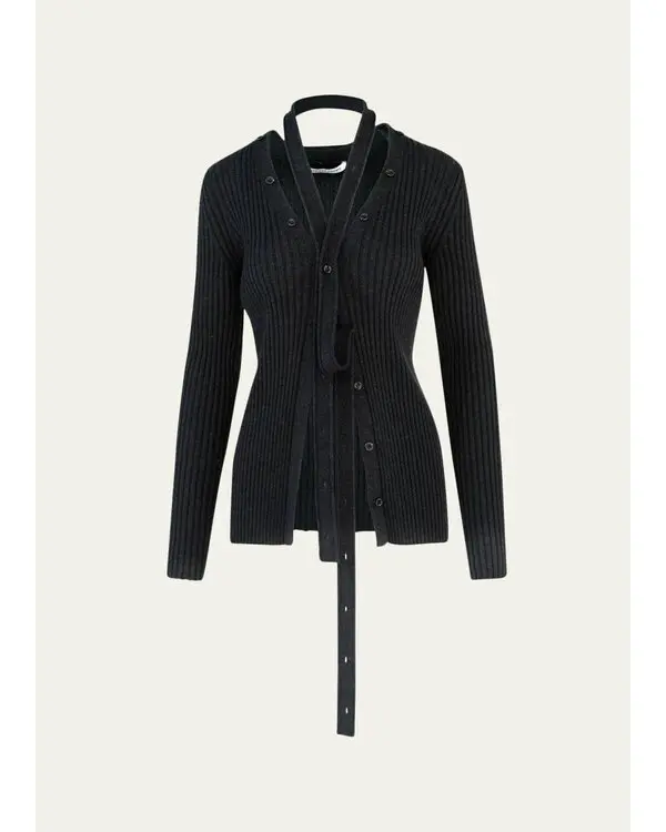 AISLING CAMPS Button Convertible Rib V-neck Cardigan - Grey