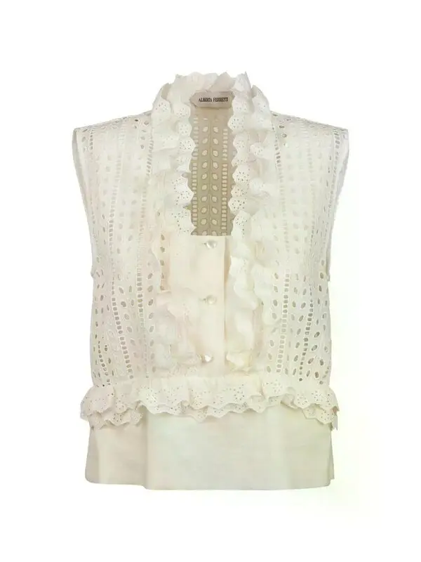 Alberta Ferretti Ruffled Eyelet Blouse - Neutrals