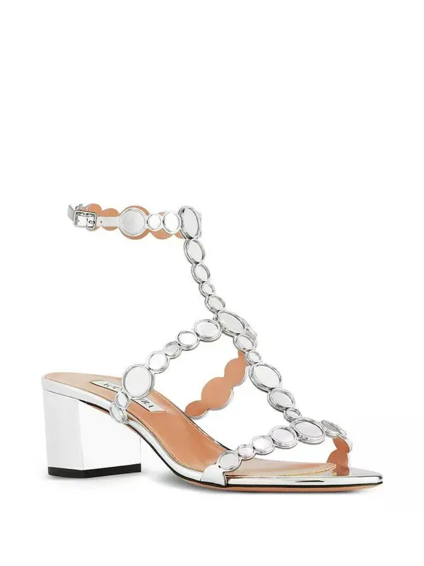AQUAZZURA Circle Embellished Ankle Strap Block Heel Sandals