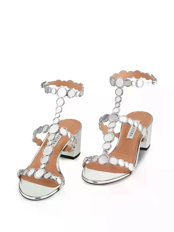AQUAZZURA Circle Embellished Ankle Strap Block Heel Sandals