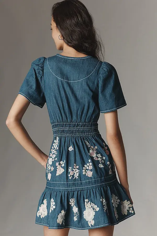 The Somerset Collection By Anthropologie The Somerset Collection Embroidered Denim Mini Dress - Light Indigo Wash