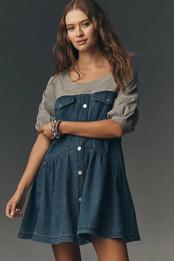 PILCRO Denim Sweatshirt Twofer Swing Dress - Medium Denim