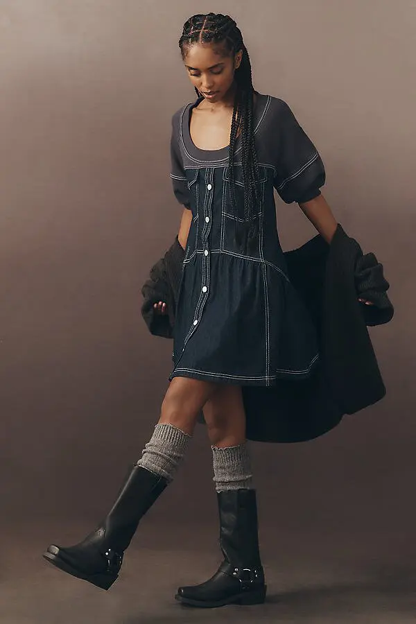 PILCRO Denim Sweatshirt Twofer Swing Dress - Navy