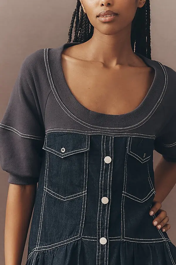 PILCRO Denim Sweatshirt Twofer Swing Dress - Navy