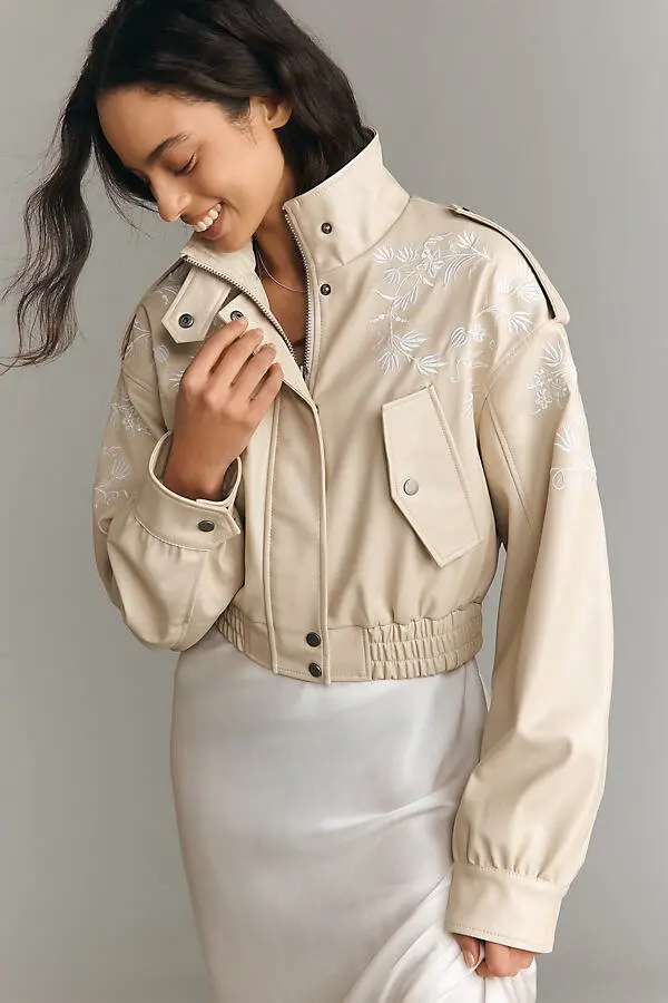 Anthropologie Faux-leather Embroidered Moto Jacket - Fog