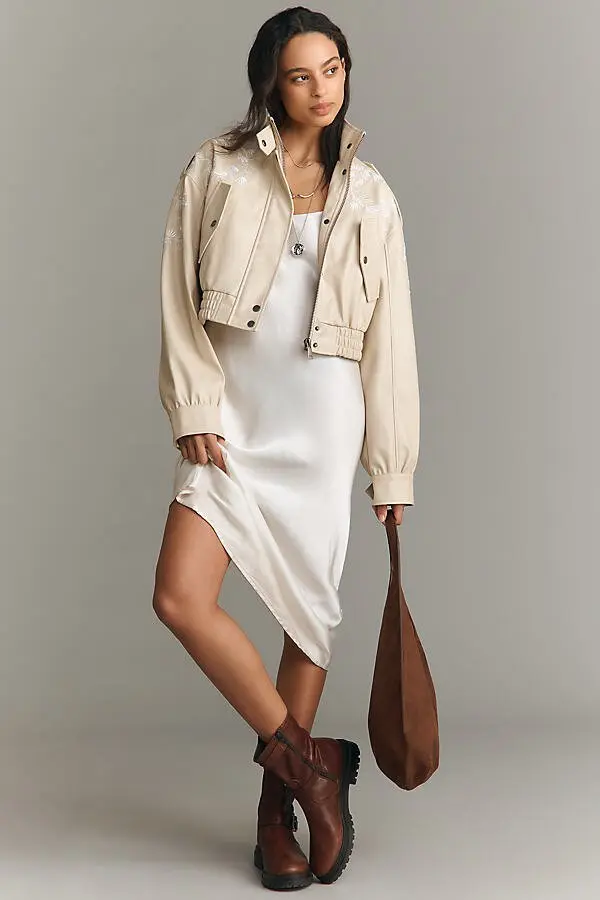 white dress brown jacket Bridge Poplin Stripe Dress