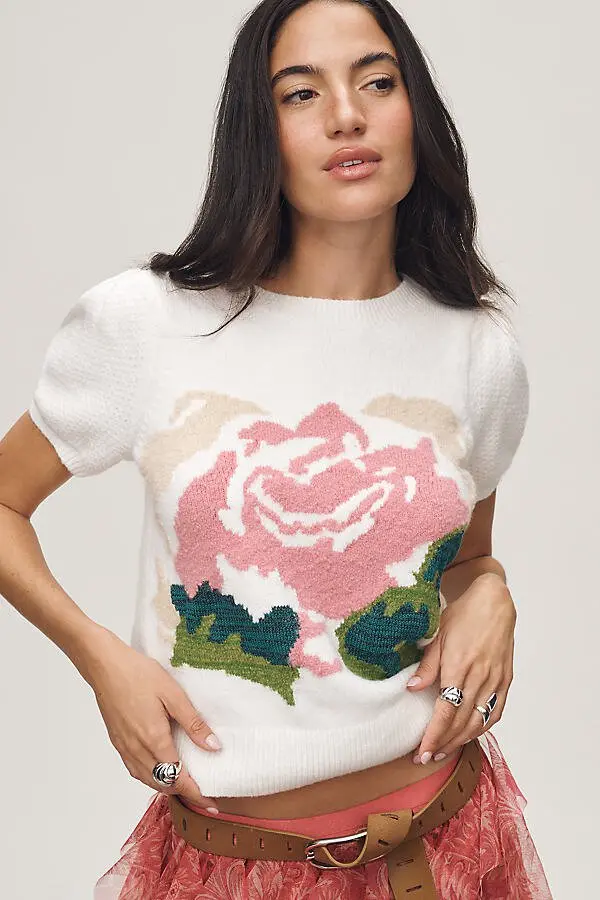 Anthropologie Puff Sleeve Rose Icon Sweater