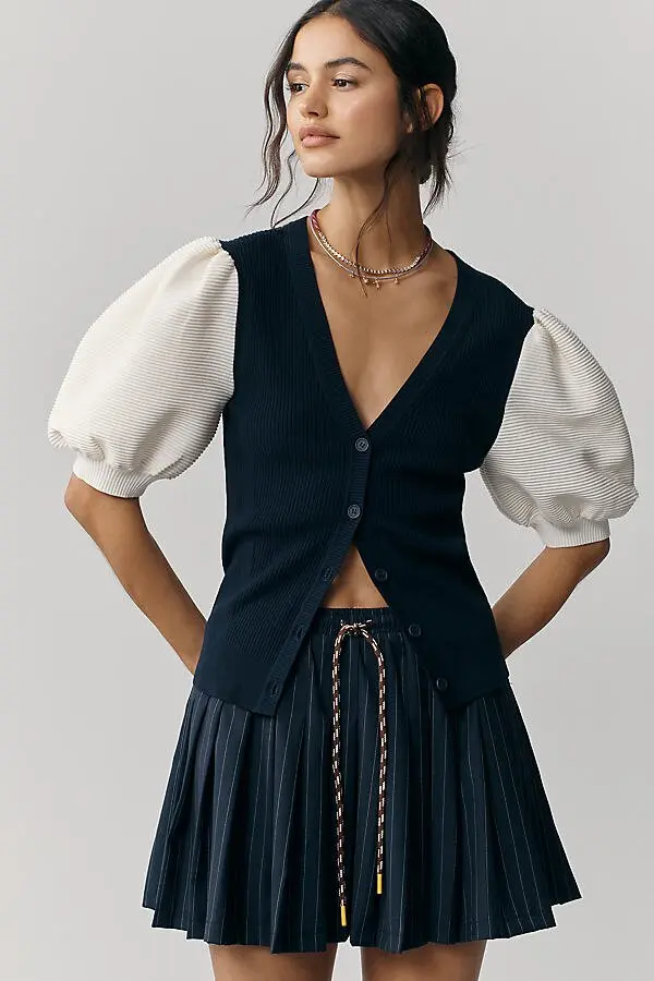 Maeve Puffed Short-sleeve V-neck Cardigan Sweater