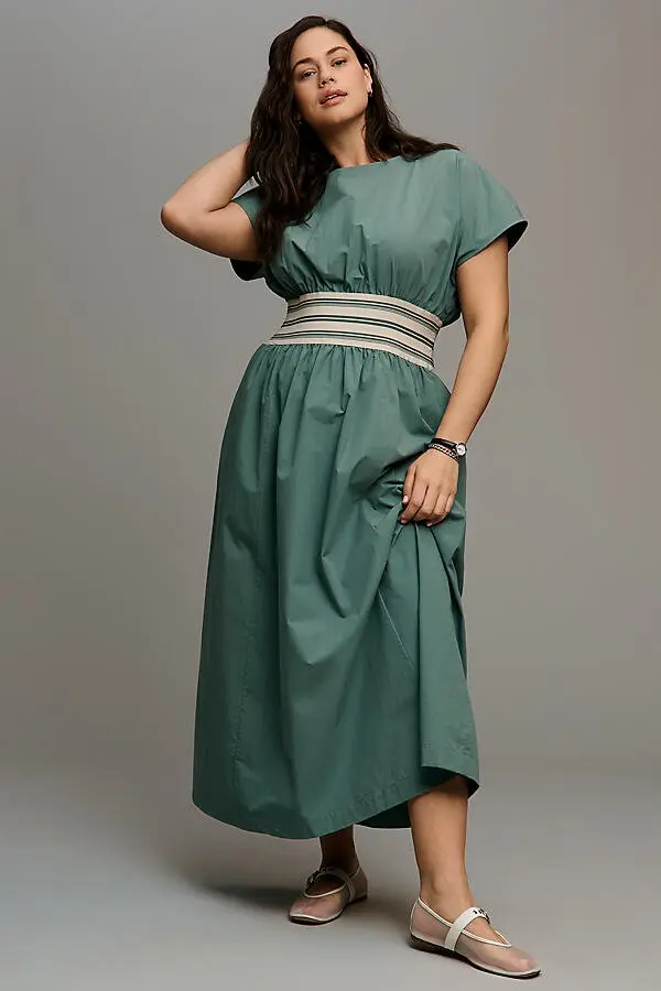 Anthropologie Waisted Short-Sleeve A-Line Midi Dress In Duck Green - 38%  Off | Editorialist