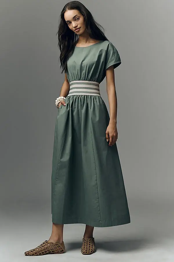 Anthropologie Waisted Short-Sleeve A-Line Midi Dress In Duck Green - 38%  Off | Editorialist