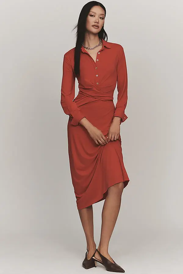 Draped Long-Sleeve Midi Shirt Dress by Anthropologie in Red, Size: Medium