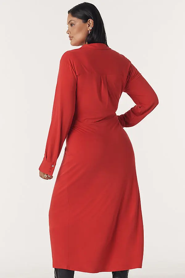 anthropologie red dress long-sleeve Anthropologie Draped Long-Sleeve Midi Shirt Dress In Barbados Cherry - 30%  Off