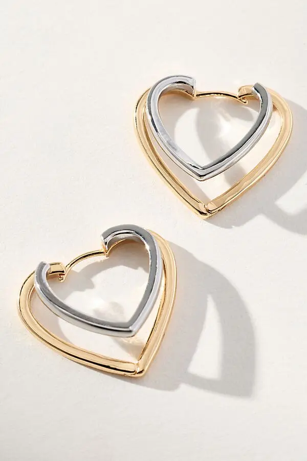 Anthropologie Double Heart Earrings - Gold & Silver