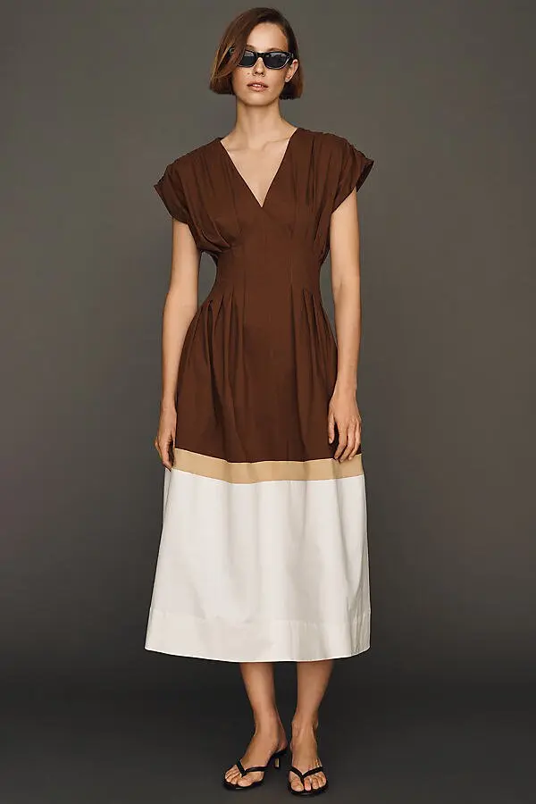 EXQUISE Pleated Short-sleeve Twofer Midi Dress - Brown Combo