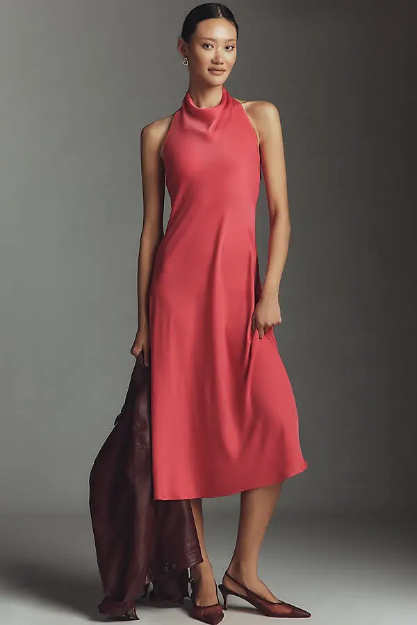 Maeve Jamie Satin Halterneck Midi Dress With Open Back - Pink