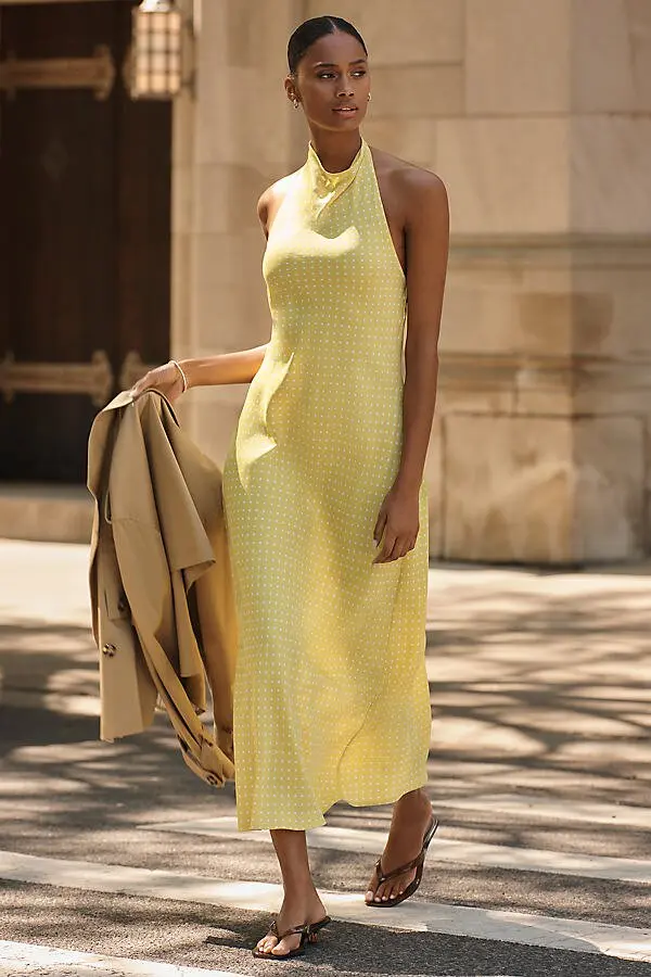 Maeve Halterneck Open Back Midi Dress - Yellow Dot