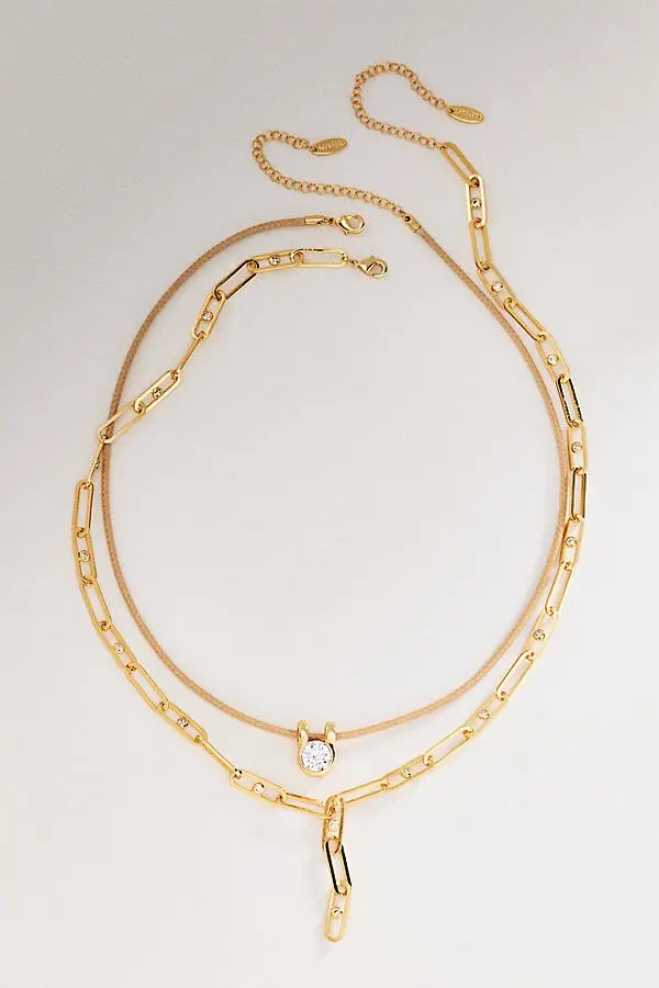 Anthropologie Linked Crystal Layered Necklaces, Set Of 2 - Cream