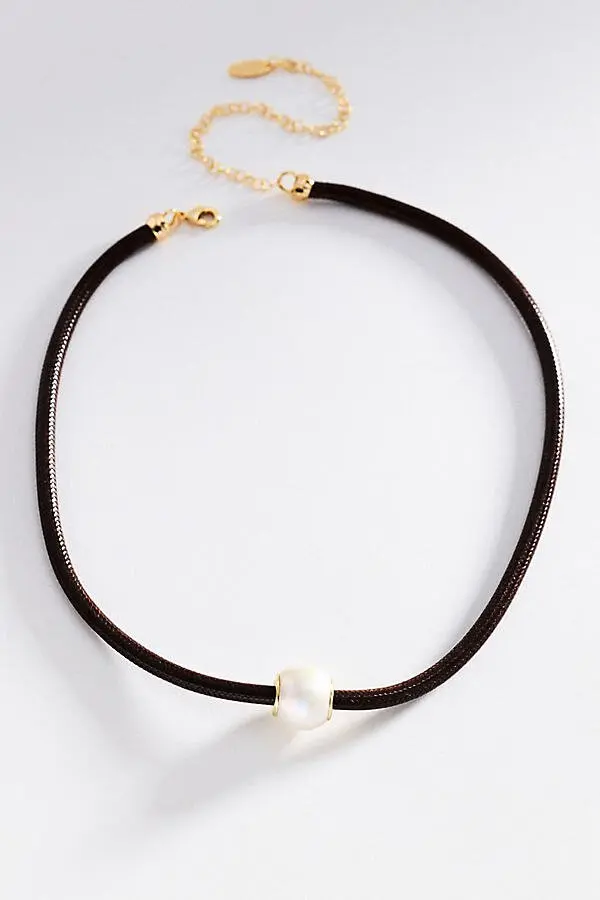 Anthropologie Cord Necklace With Pearl - Chocolate