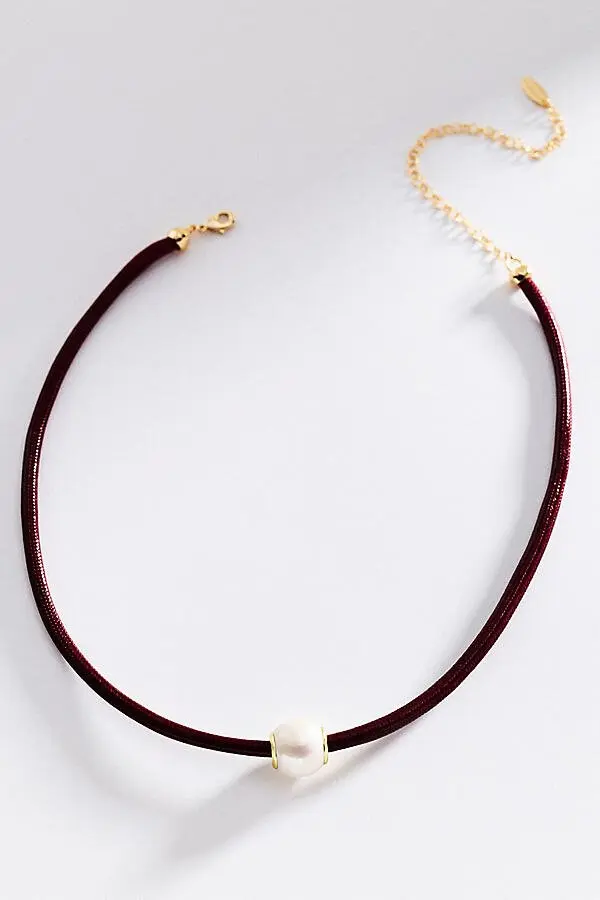 Anthropologie Cord Necklace With Pearl - Wine