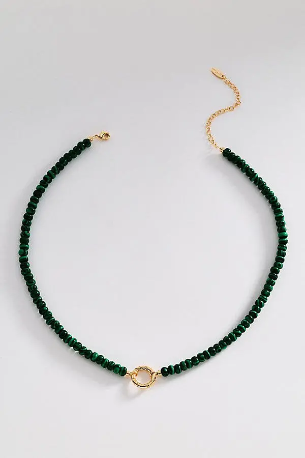 Anthropologie Beaded Stone Carabiner Necklace - Green
