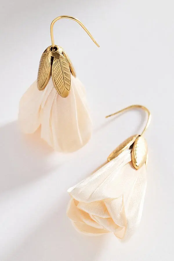 Anthropologie Fabric Flower Drop Earrings - Cream