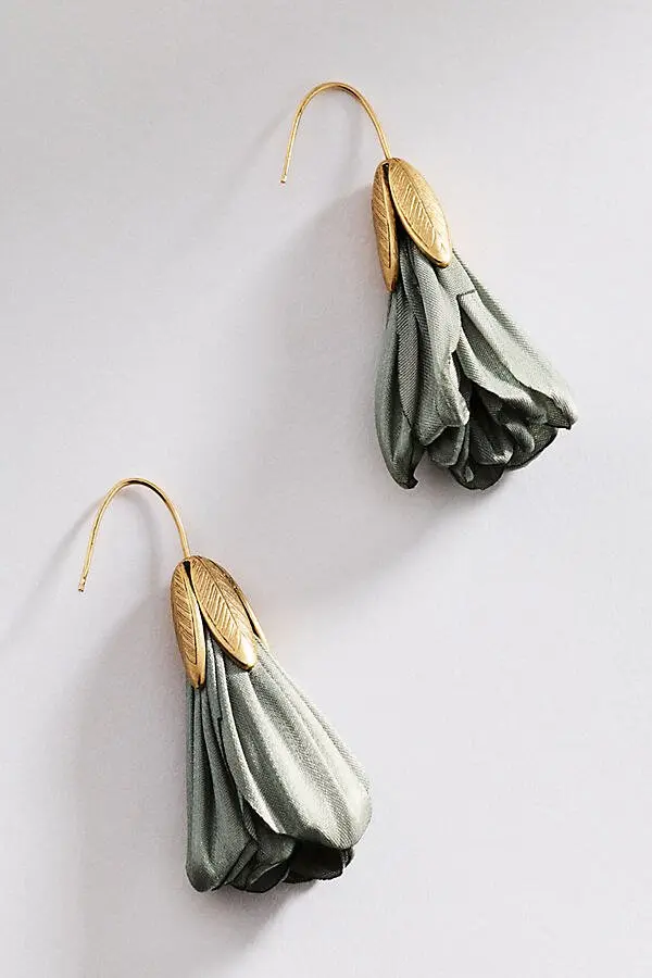 Anthropologie Fabric Flower Drop Earrings - Green