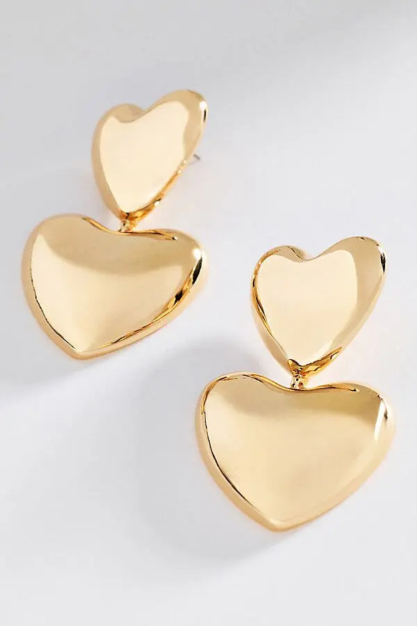 Anthropologie Double Heart Drop Earrings - Gold