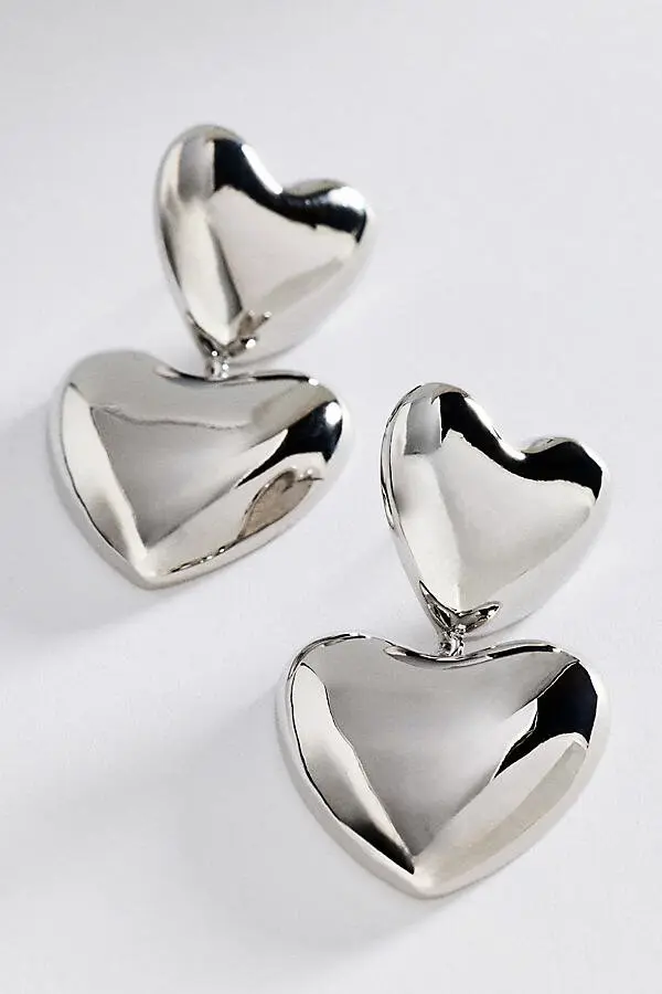 Anthropologie Double Heart Drop Earrings - Silver
