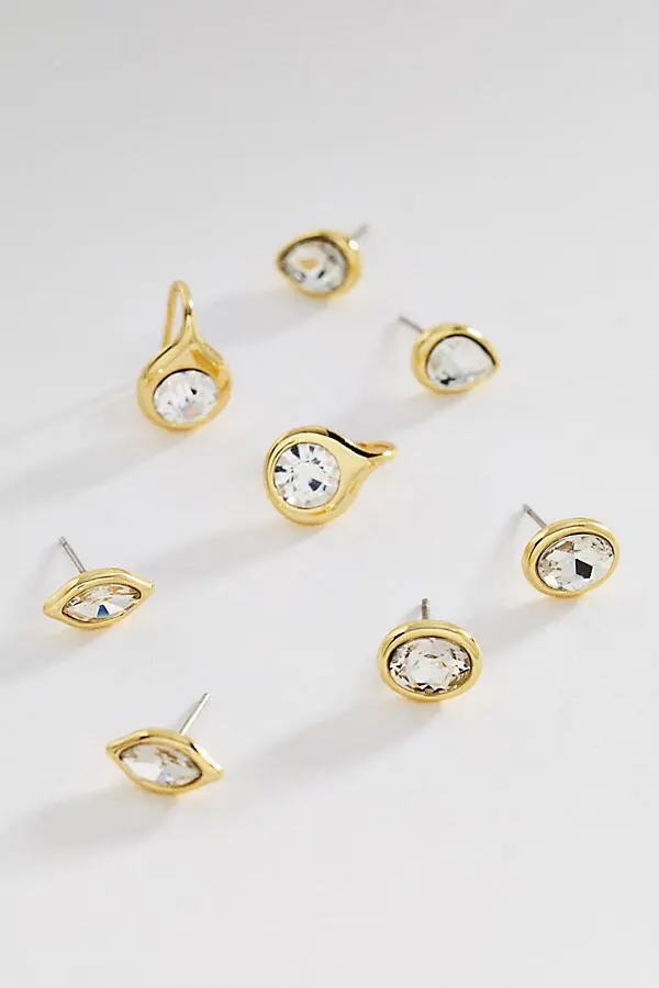 Anthropologie Set Of Four Crystal Bezel Stud Earrings - Gold