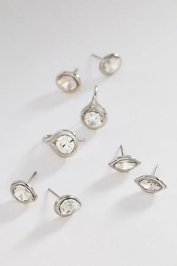 Anthropologie Set Of Four Crystal Bezel Stud Earrings - Silver